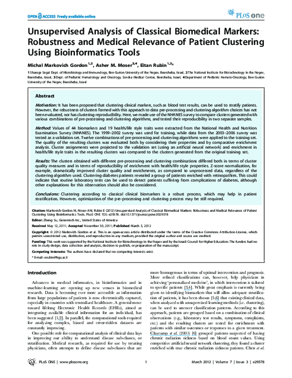 (PDF) Unsupervised Analysis of Classical Biomedical Markers: Robustness and Medical Relevance of ...