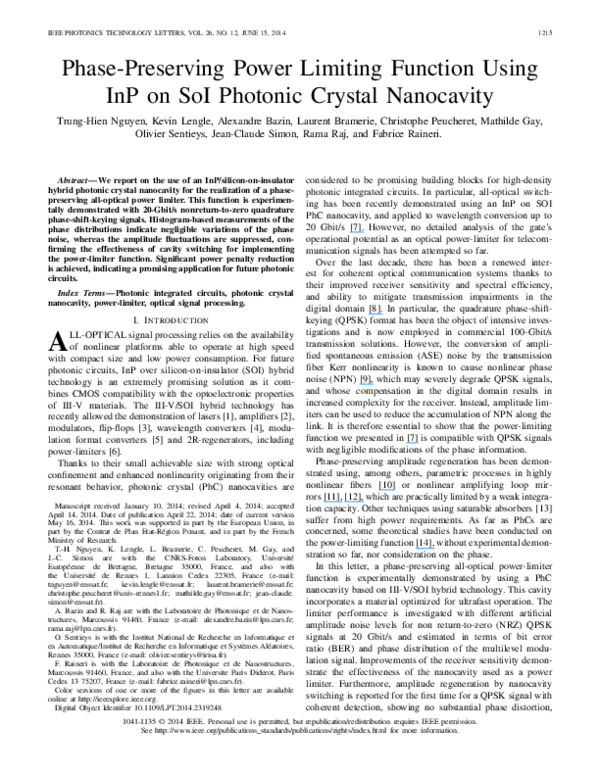 (PDF) Phase-Preserving Power Limiting Function Using InP on SOI Photonic Crystal Nanocavity