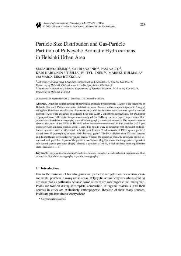 (PDF) Particle Size Distribution and Gas-Particle Partition of Polycyclic Aromatic Hydrocarbons ...