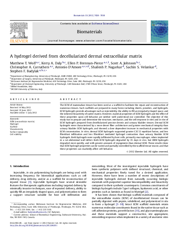 Pdf A Hydrogel Derived From Decellularized Dermal Extracellular Matrix