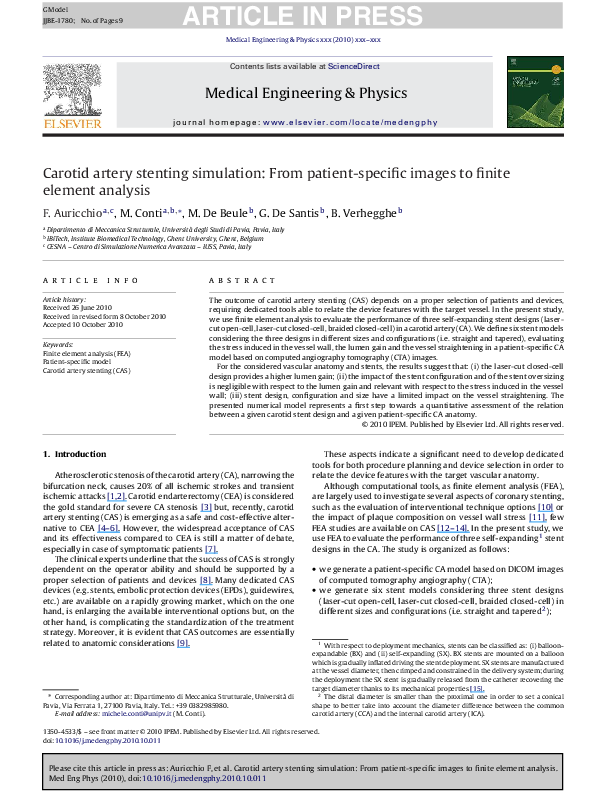 (PDF) Carotid artery stenting simulation: From patient-specific images to finite element analysis