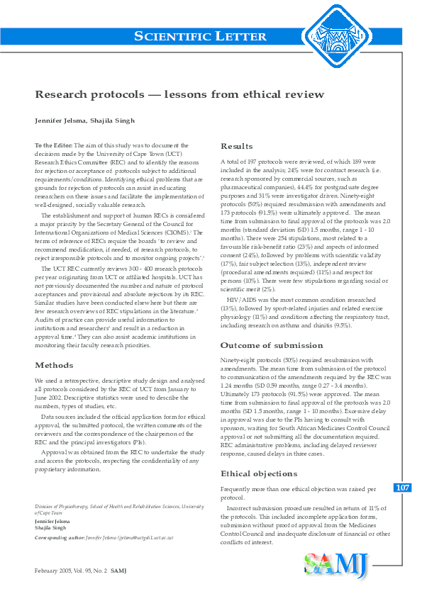 (PDF) Research protocols-lessons from ethical review: scientific letter