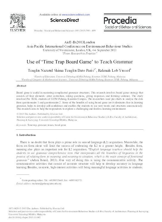 (PDF) Use of ‘Time Trap Board Game’ to Teach Grammar