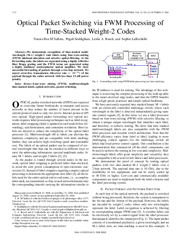 (PDF) Optical Packet Switching via FWM Processing of Time-Stacked Weight-2 Codes