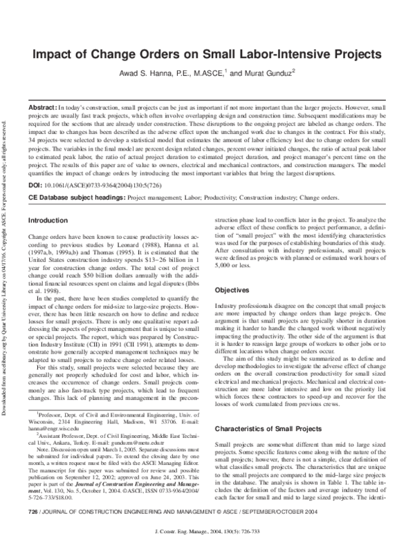 (PDF) Impact of Change Orders on Small Labor-Intensive Projects