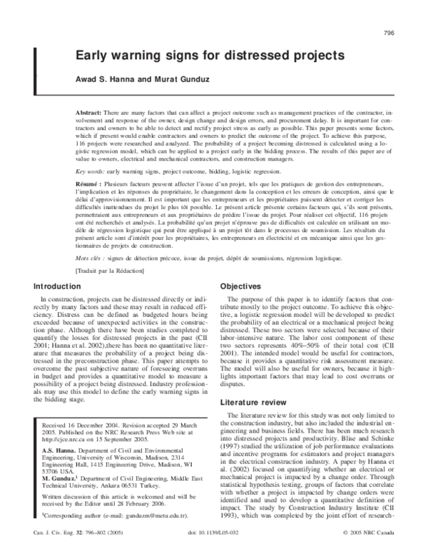 (PDF) Early warning signs for distressed projects