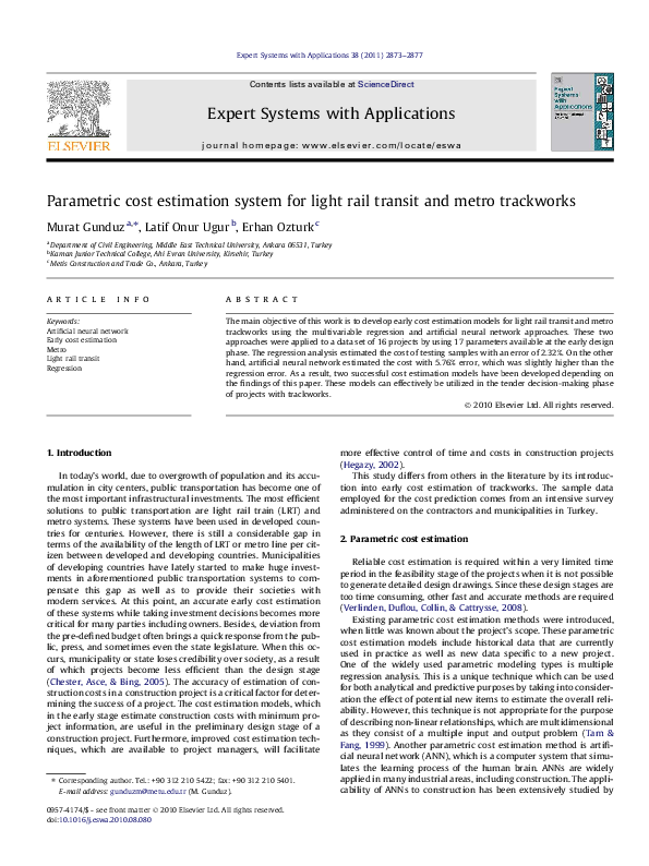 Pdf Parametric Cost Estimation System For Light Rail Transit And Metro Trackworks