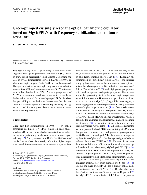 Pdf Green Pumped Cw Singly Resonant Optical Parametric Oscillator