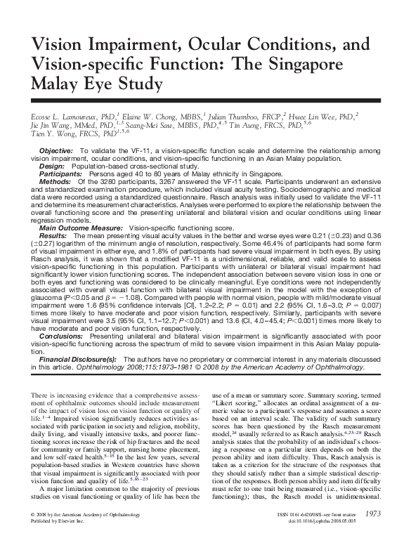 (PDF) Vision Impairment, Ocular Conditions, and Vision-specific ...
