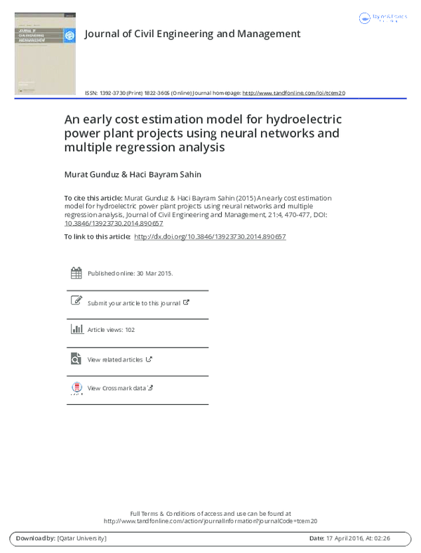Pdf An Early Cost Estimation Model For Hydroelectric Power Plant Projects Using Neural