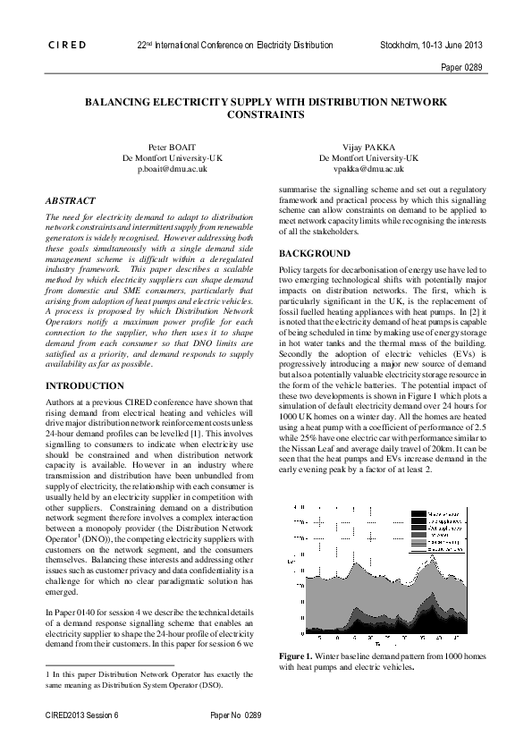 (PDF) BALANCING ELECTRICITY SUPPLY WITH DISTRIBUTION NETWORK CONSTRAINTS