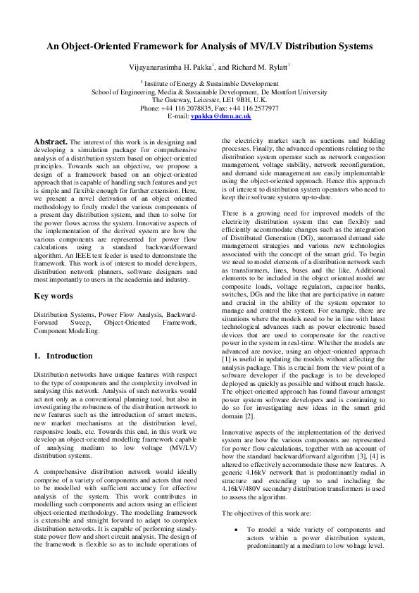 (PDF) An Object-Oriented Framework for Analysis of MV/LV Distribution Systems