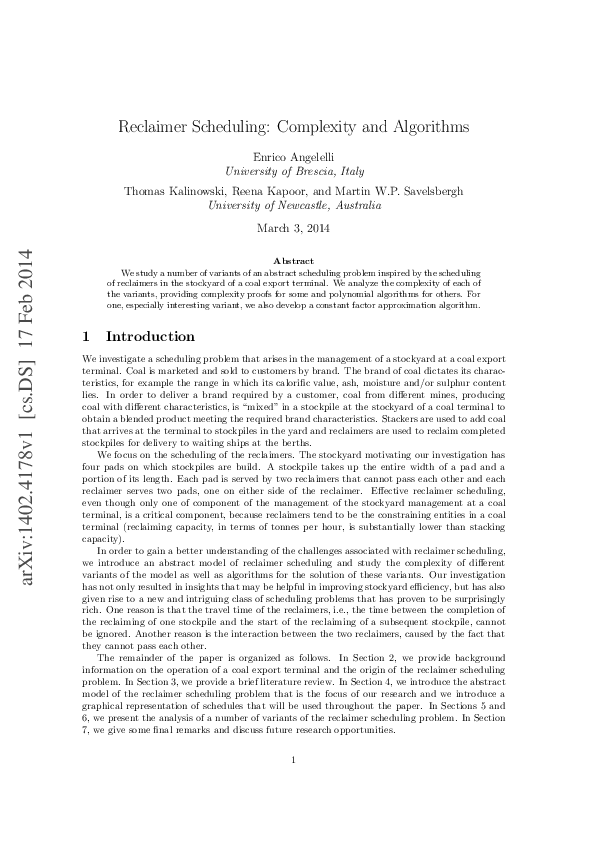 (PDF) Reclaimer Scheduling: Complexity and Algorithms