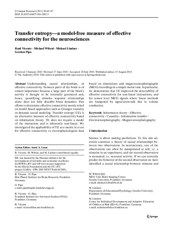 (PDF) Transfer entropy—a model-free measure of effective connectivity for the neurosciences