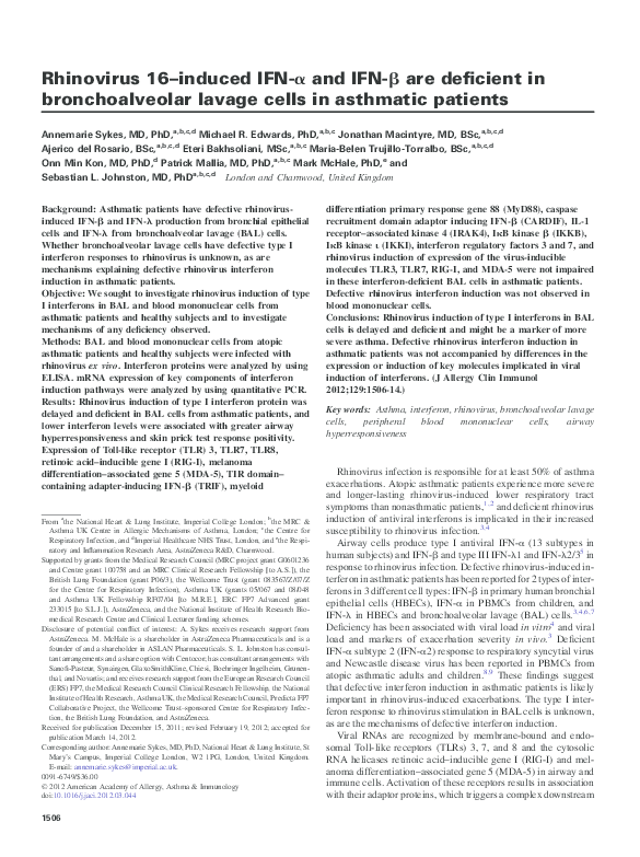 (PDF) Rhinovirus 16?induced IFN-? and IFN-? are deficient in ...
