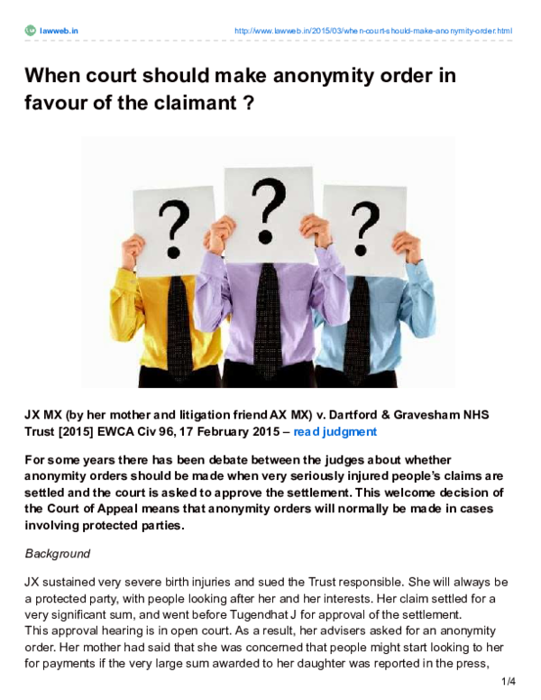 (PDF) When court should make anonymity order in favour of the claimant