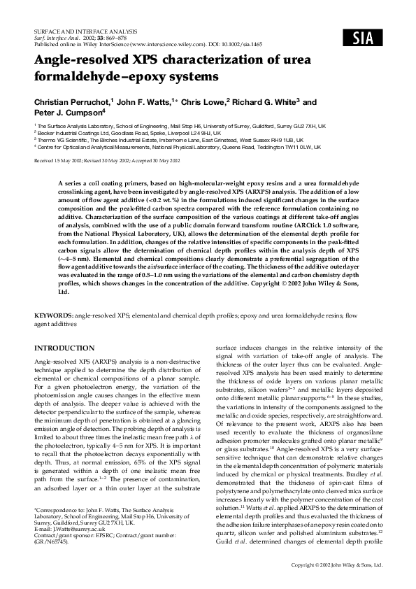 (PDF) Angle-resolved XPS characterization of urea formaldehyde-epoxy ...