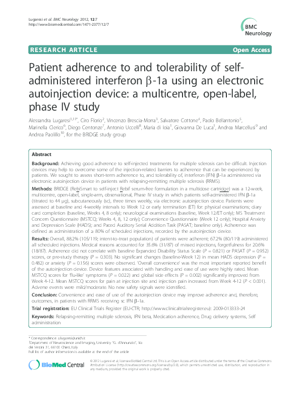 (PDF) Patient adherence to and tolerability of self-administered interferon β-1a using an ...