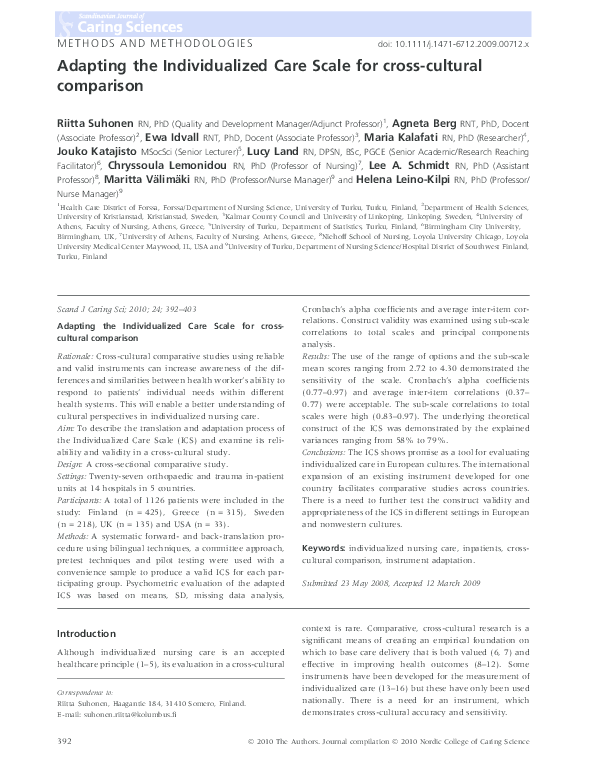 (PDF) Adapting the Individualized Care Scale for cross-cultural comparison