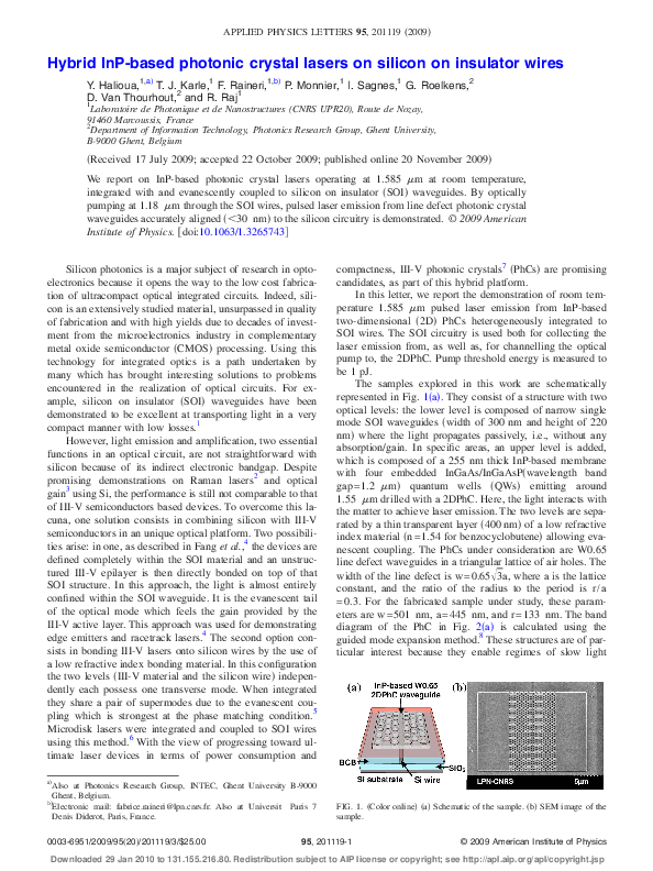 (PDF) Hybrid InP-based photonic crystal lasers on silicon on insulator wires