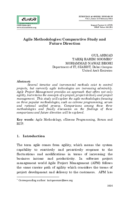 (PDF) Agile Methodologies: Comparative Study and Future Direction