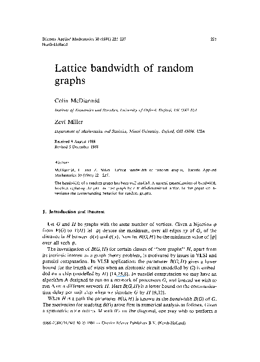 (PDF) Lattice bandwidth of random graphs | Colin McDiarmid and Zevi Miller - Academia.edu