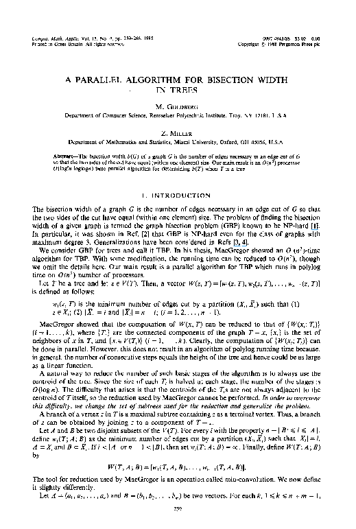 Pdf A Parallel Algorithm For Bisection Width In Trees Zevi Miller 