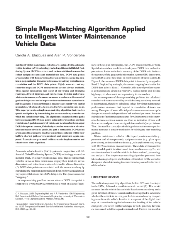 Pdf Simple Map Matching Algorithm Applied To Intelligent Winter Maintenance Vehicle Data 1758