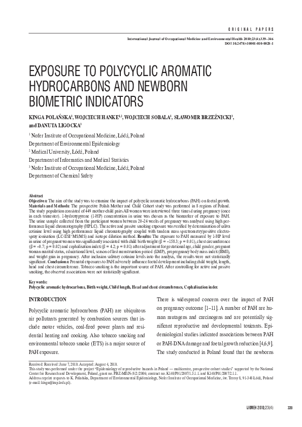 (PDF) Exposure to polycyclic aromatic hydrocarbons and newborn biometric indicators