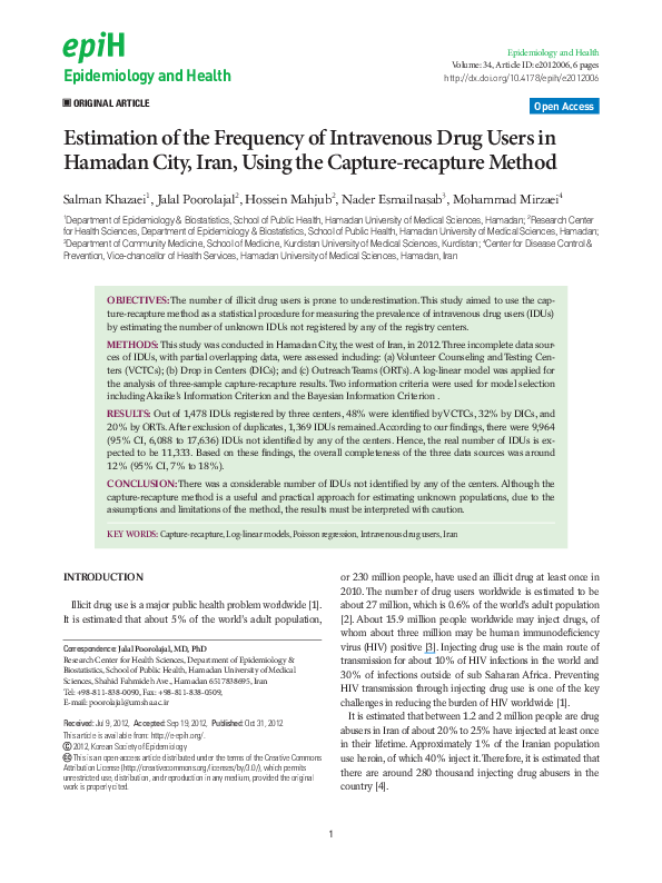 Pdf Estimation Of The Frequency Of Intravenous Drug Users In Hamadan City Iran Using The