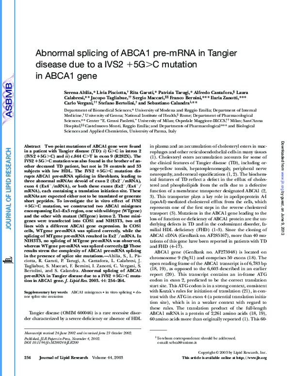 (PDF) Abnormal splicing of ABCA1 pre-mRNA in Tangier disease due to a ...