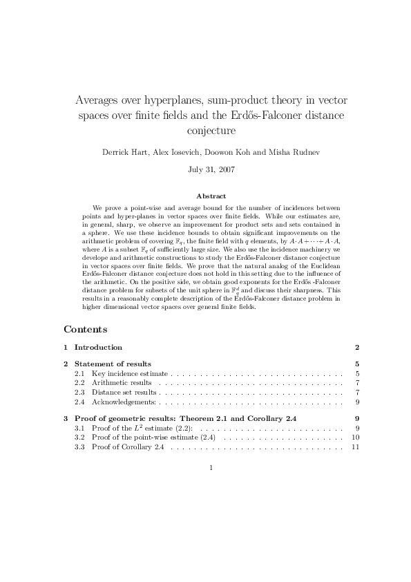 Pdf Averages Over Hyperplanes Sum Product Theory In Vector Spaces Over Finite Fields And The 