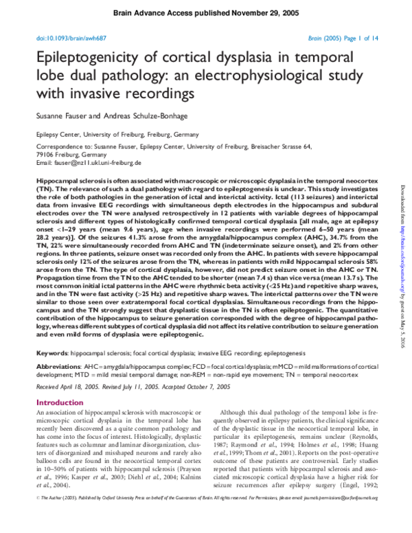 (PDF) Epileptogenicity of cortical dysplasia in temporal lobe dual pathology: an ...