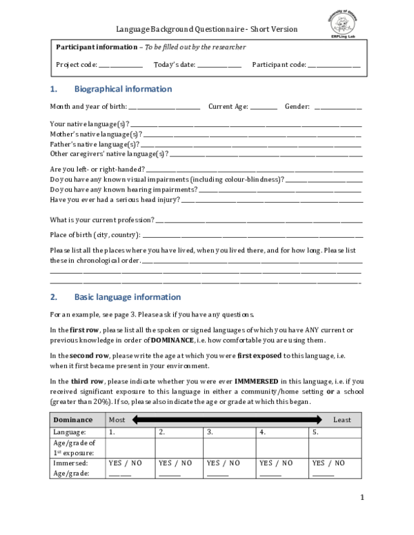 (PDF) The Language Background Questionnaire