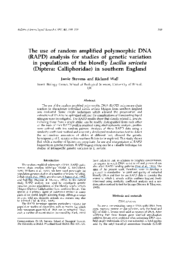 (PDF) The use of random amplified polymorphic DNA (RAPD) analysis for studies of genetic ...