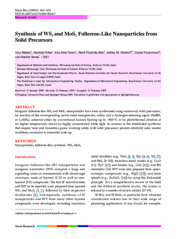 (PDF) Synthesis of WS2 and MoS2 fullerene-like nanoparticles from solid precursors