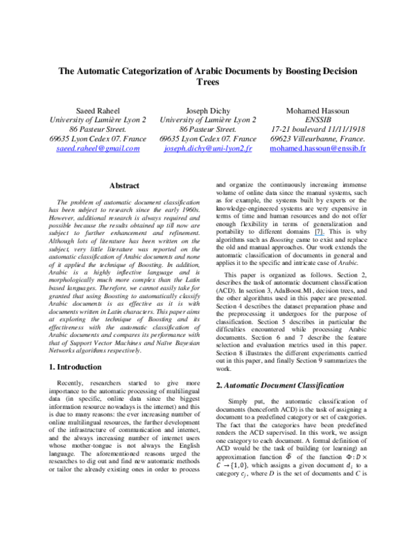 Pdf The Automatic Categorization Of Arabic Documents By Boosting