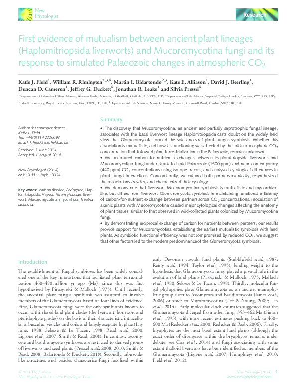 (PDF) First evidence of mutualism between ancient plant lineages ...