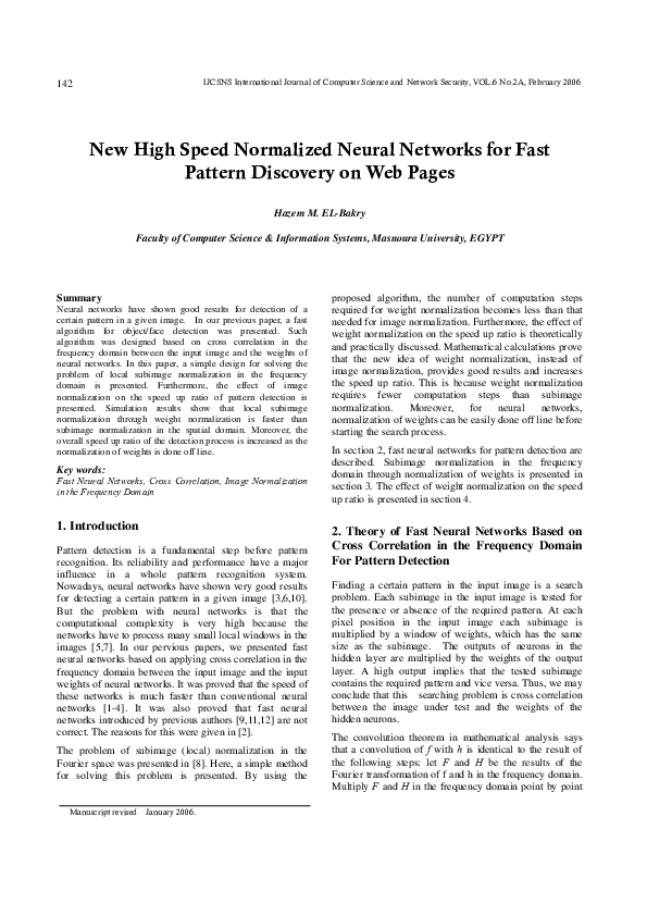 Pdf New High Speed Normalized Neural Networks For Fast Pattern Discovery On Web Pages