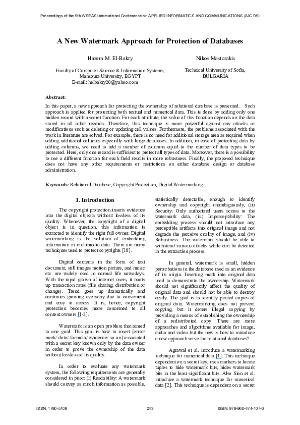 (PDF) A new watermark approach for protection of databases
