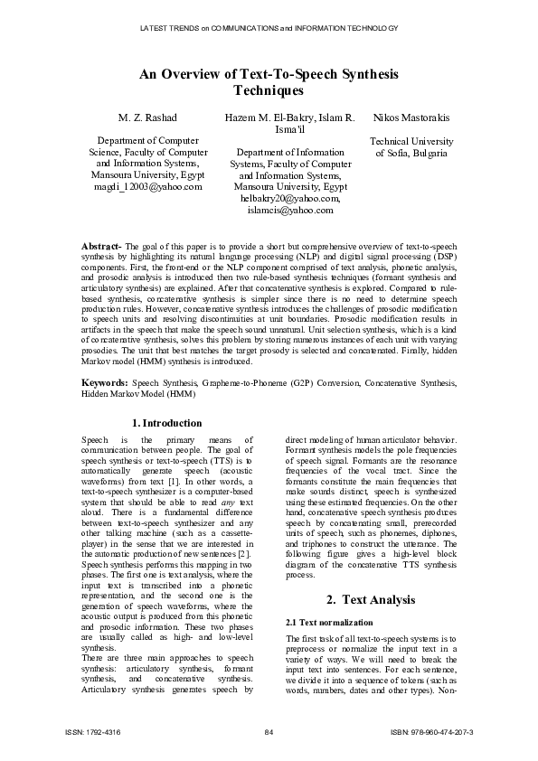 (PDF) An overview of text-to-speech synthesis techniques