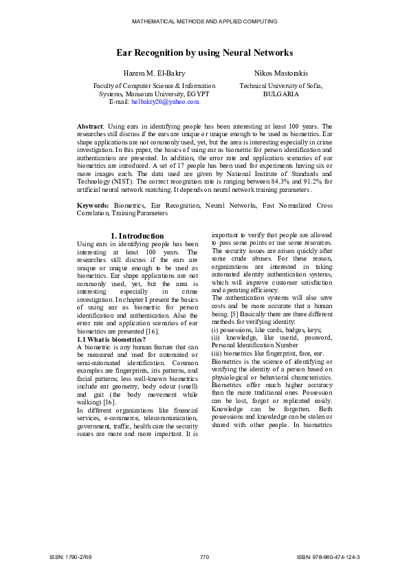 (PDF) Ear recognition by using neural networks
