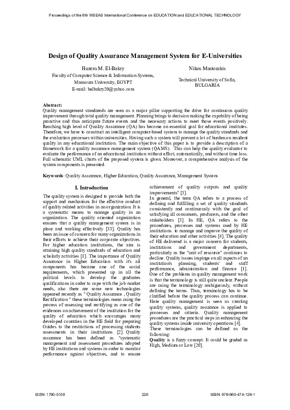 (PDF) Design of Quality Assurance Management System for E-Universities