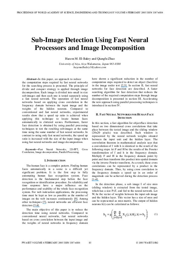 Pdf Sub Image Detection Using Fast Neural Processors And Image Decomposition