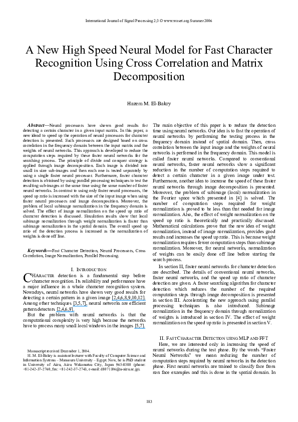 Pdf A New High Speed Neural Model For Fast Character Recognition Using Cross Correlation And