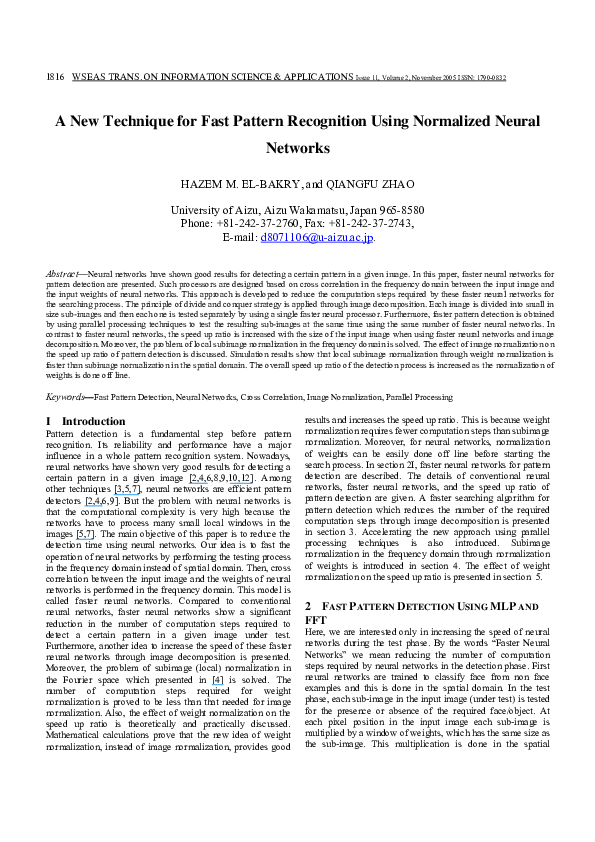 Pdf A New Technique For Fast Pattern Recognition Using Normalized Neural Networks Hazem El