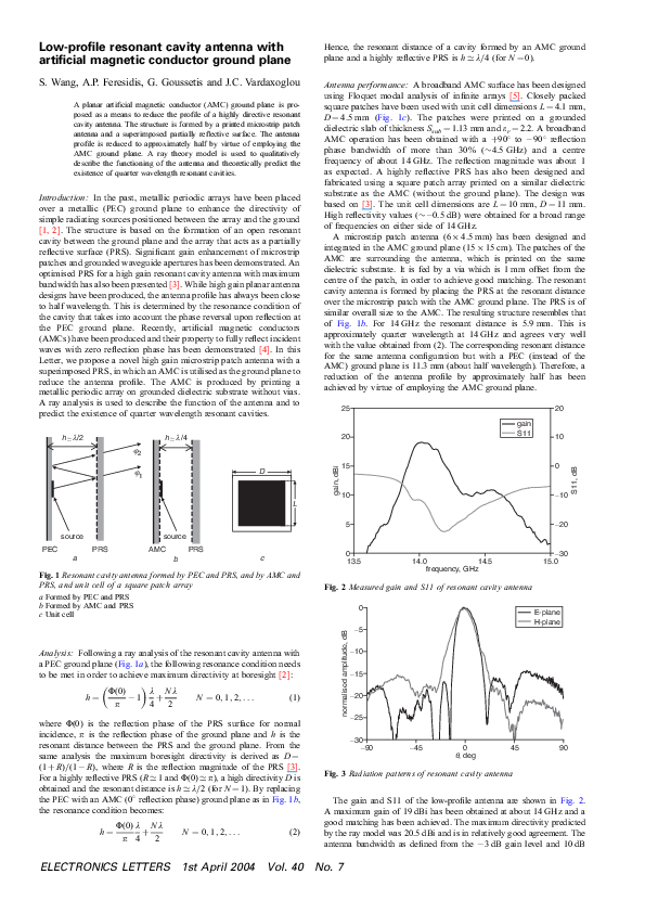 (PDF) Low-profile resonant cavity antenna with artificial magnetic conductor ground plane