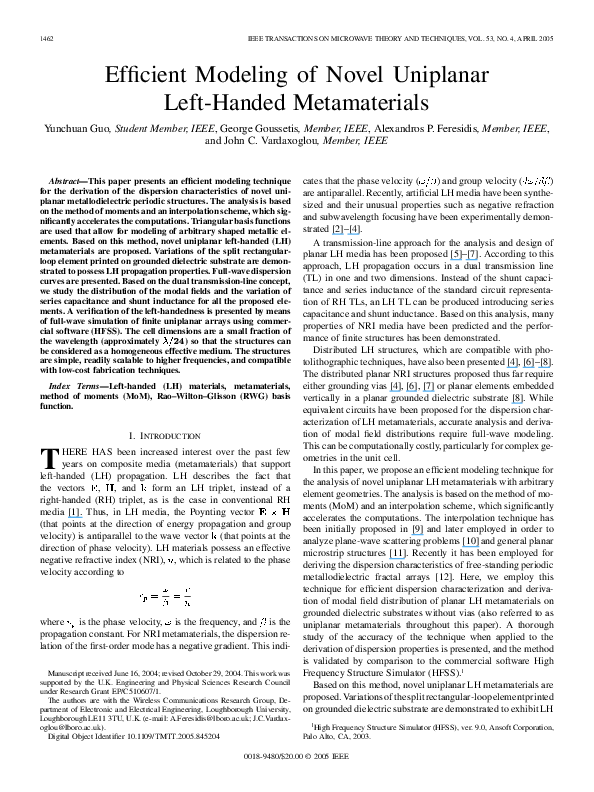 Efficient modeling of novel uniplanar left-handed metamaterials