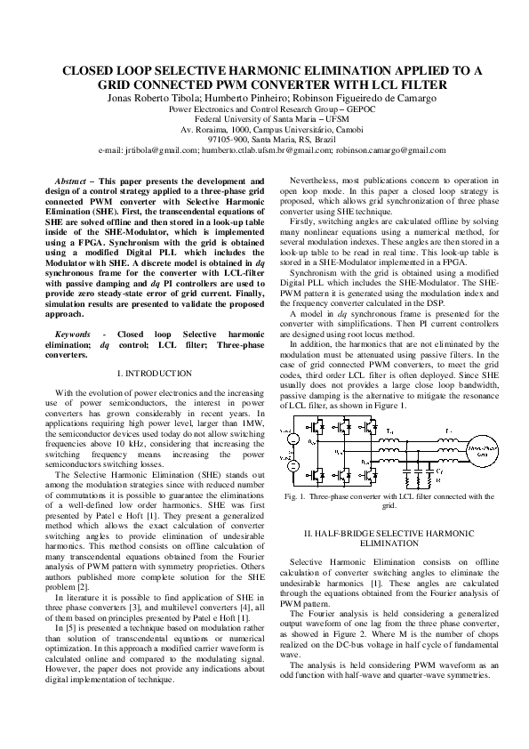 (PDF) CLOSED LOOP SELECTIVE HARMONIC ELIMINATION APPLIED TO A GRID CONNECTED PWM CONVERTER WITH ...