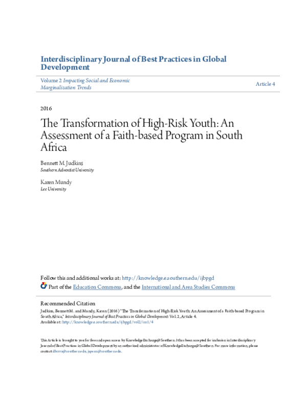 (PDF) The Transformation of High-Risk Youth: An Assessment of a Faith ...